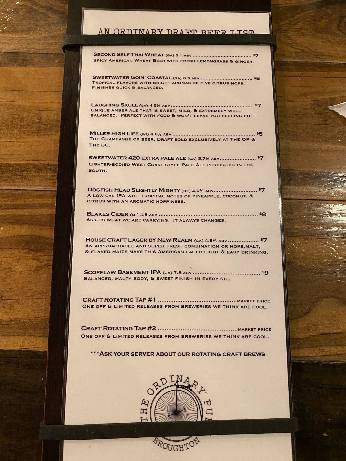Menu at The Ordinary Pub, Savannah