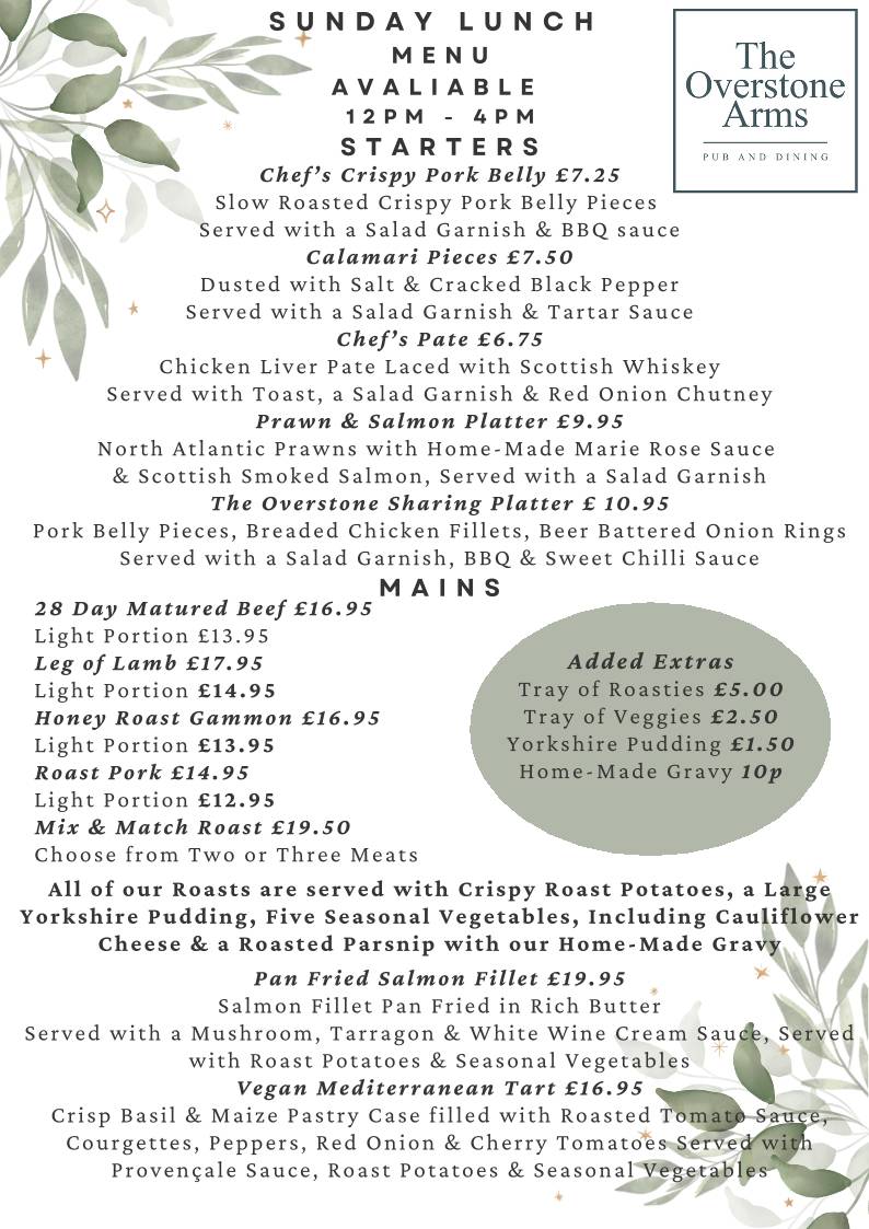 Menu at The Overstone Arms Pub and Dining, Kettering