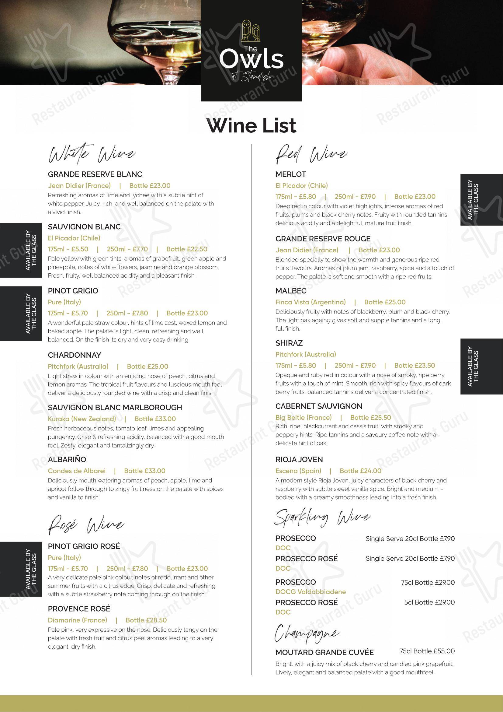 Menu at The Owls at Standish pub & bar, Wigan