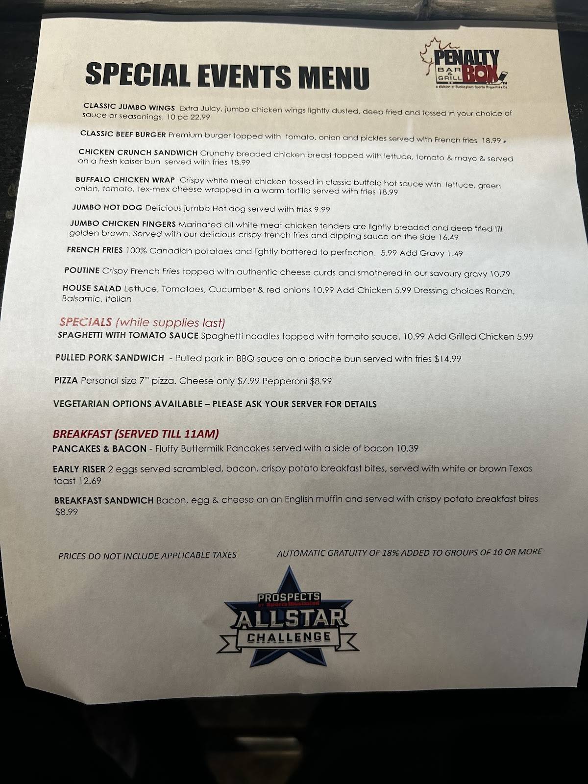 Menu at The Penalty Box pub & bar, Toronto