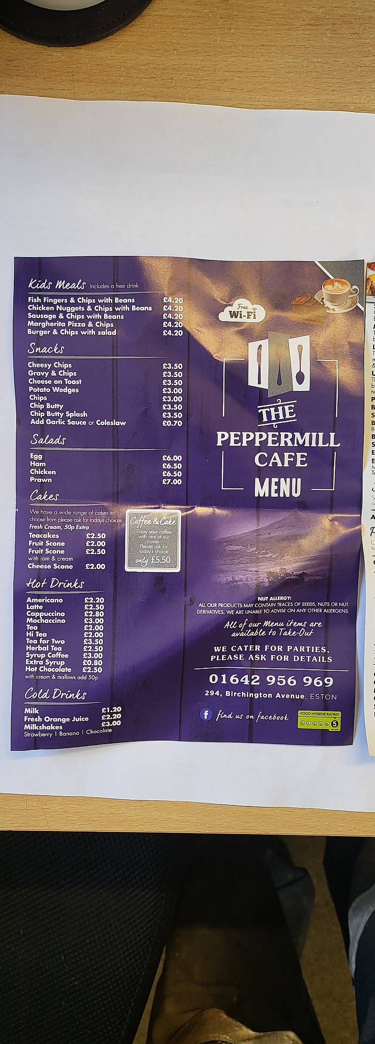 Menu at The Peppermill Cafe, Middlesbrough