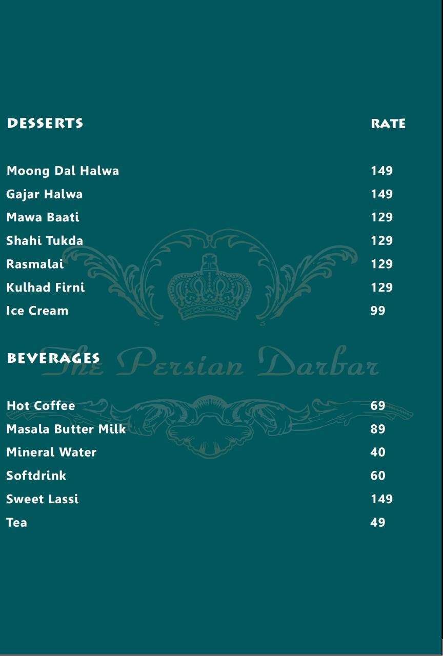 Menu at The Persian Darbar, Bhopal