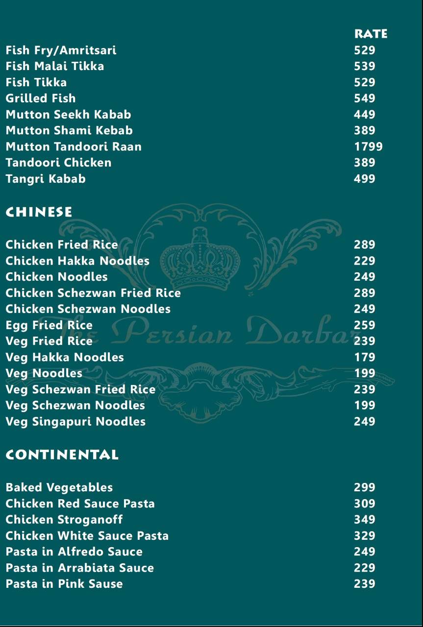 Menu at The Persian Darbar, Bhopal