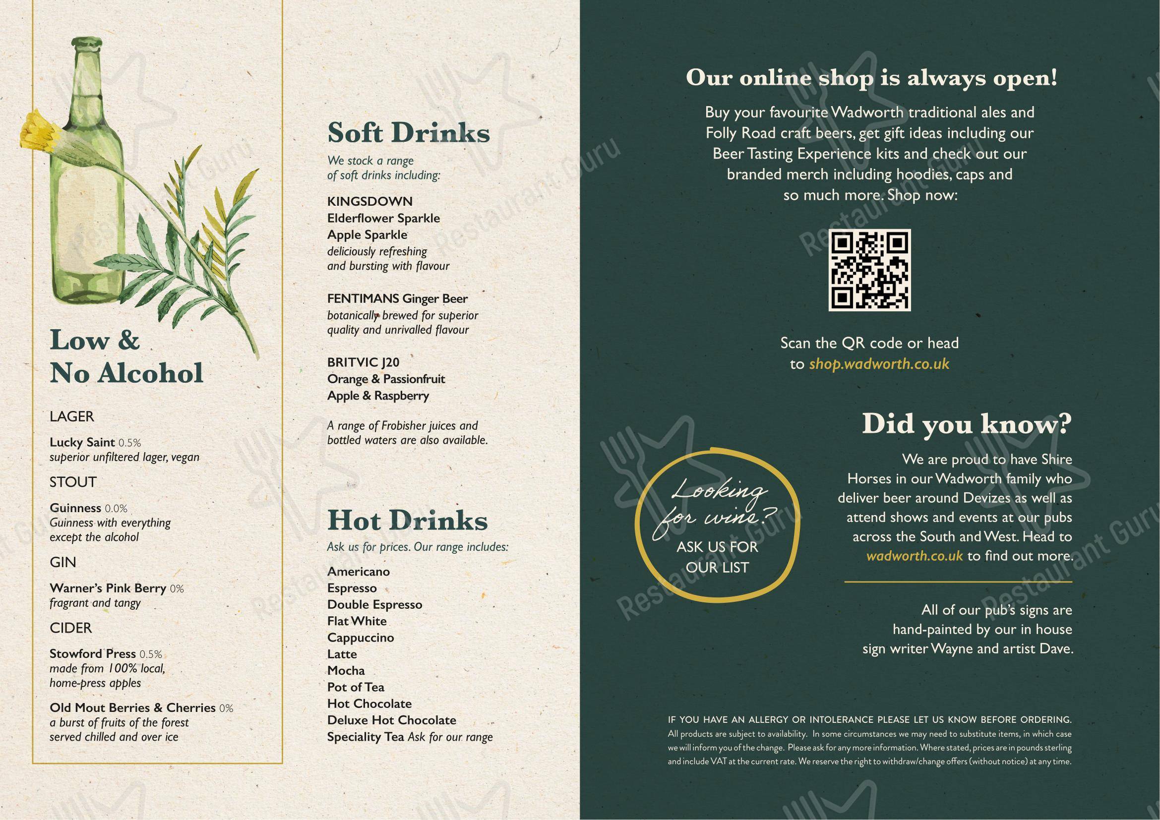 Menu at The Pheasant pub & bar, Chippenham