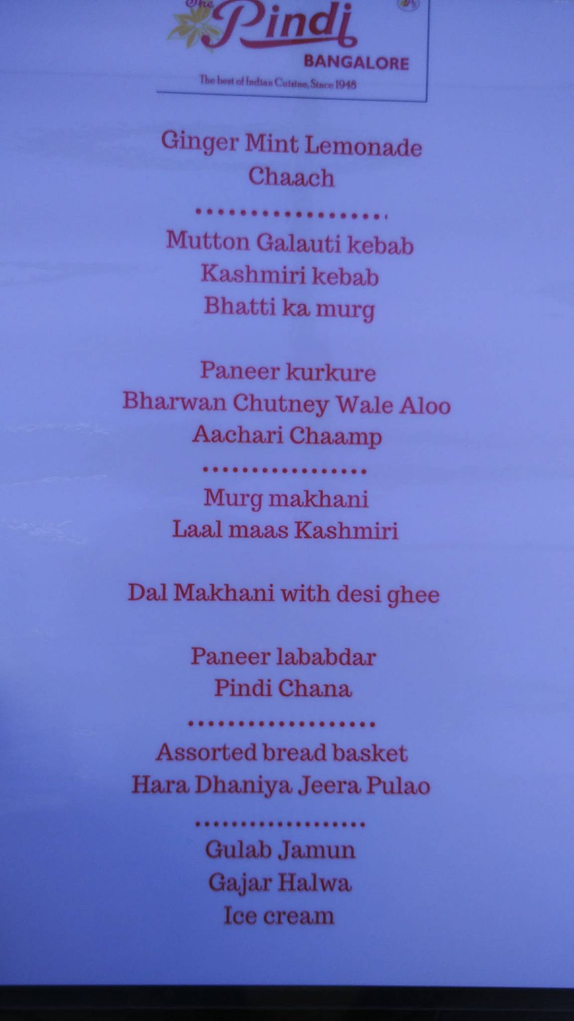 Menu at The Pindi Bangalore, Bengaluru, 13th Cross