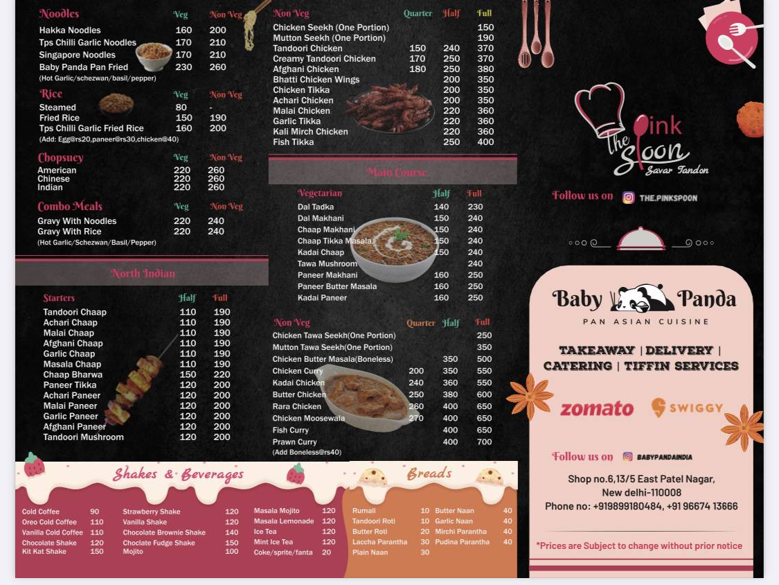Menu at The Pink Spoon, New Delhi