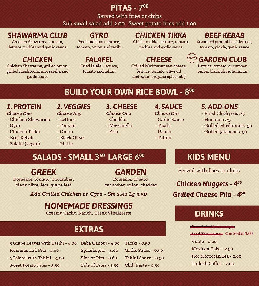 Menu at The Pita Shop restaurant, San Marcos