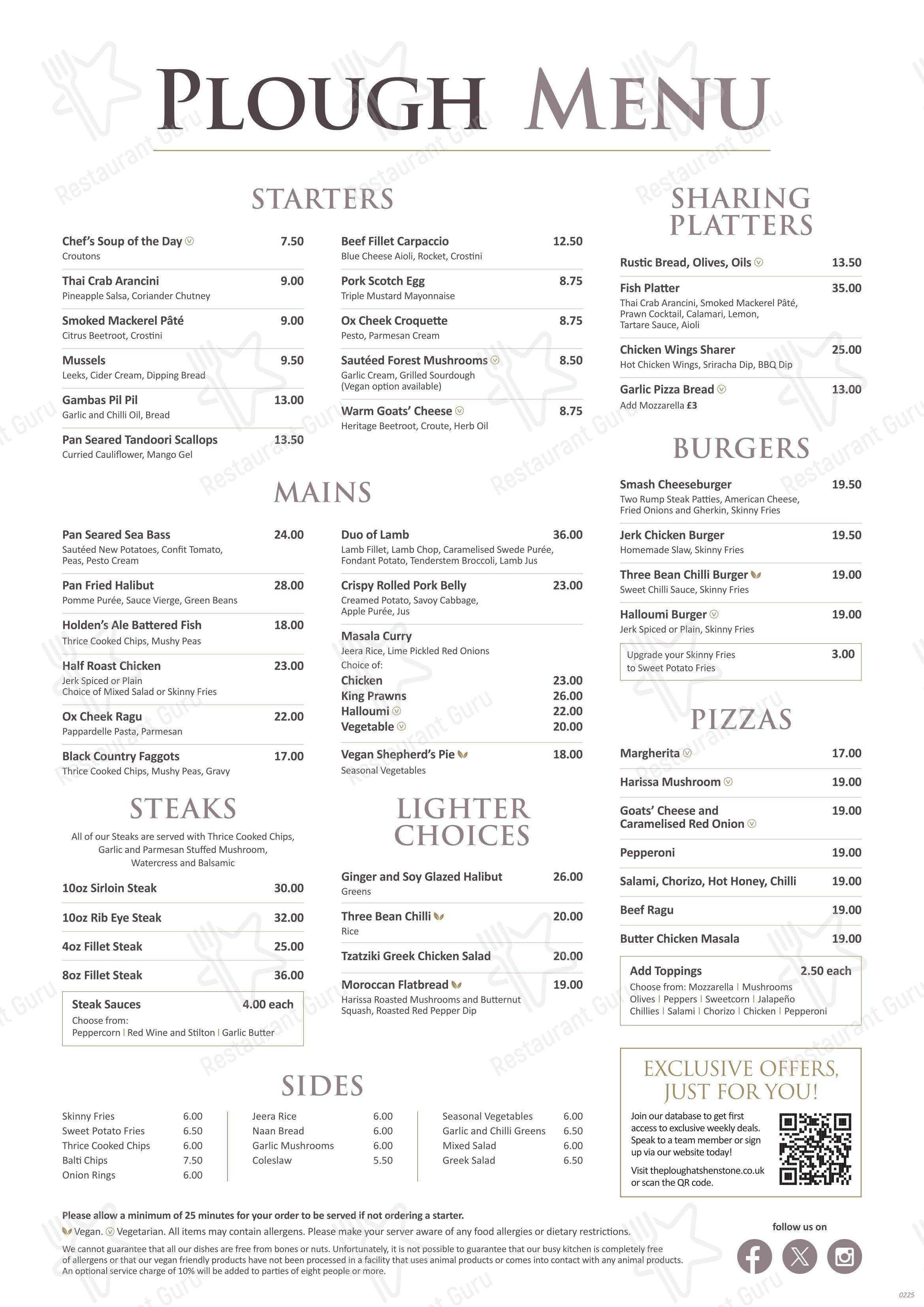 Menu at The Plough at Shenstone restaurant, Lichfield, 2 Pinfold Hill