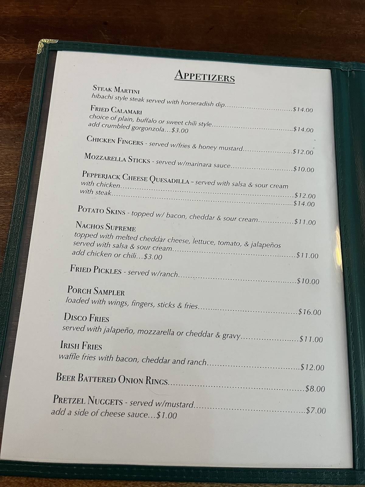 Menu at The Porch at Calabria pub & bar, Orangeburg