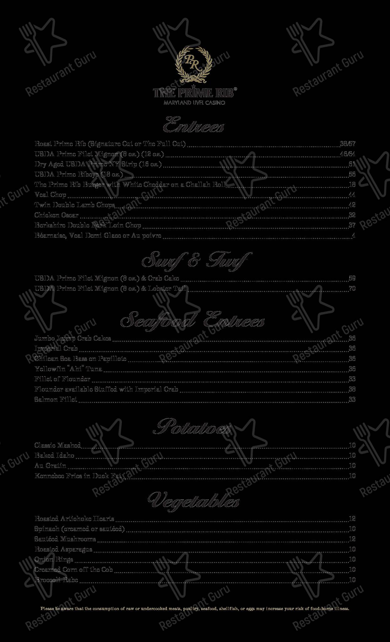 Menu at The Prime Rib at Live! Casino & Hotel steakhouse, Hanover ...