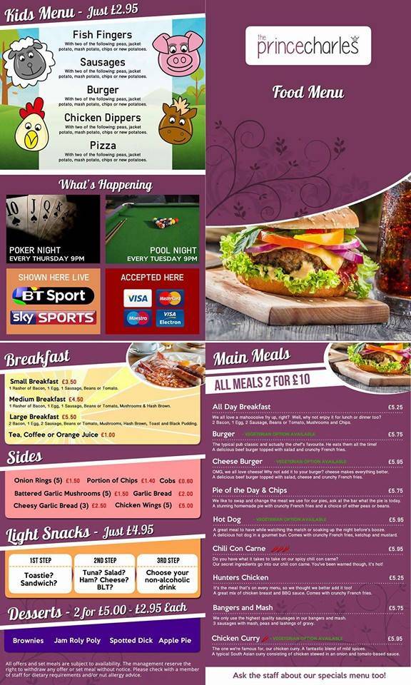 Menu at The King Charles pub & bar, Mansfield, 65 Clipstone Rd W