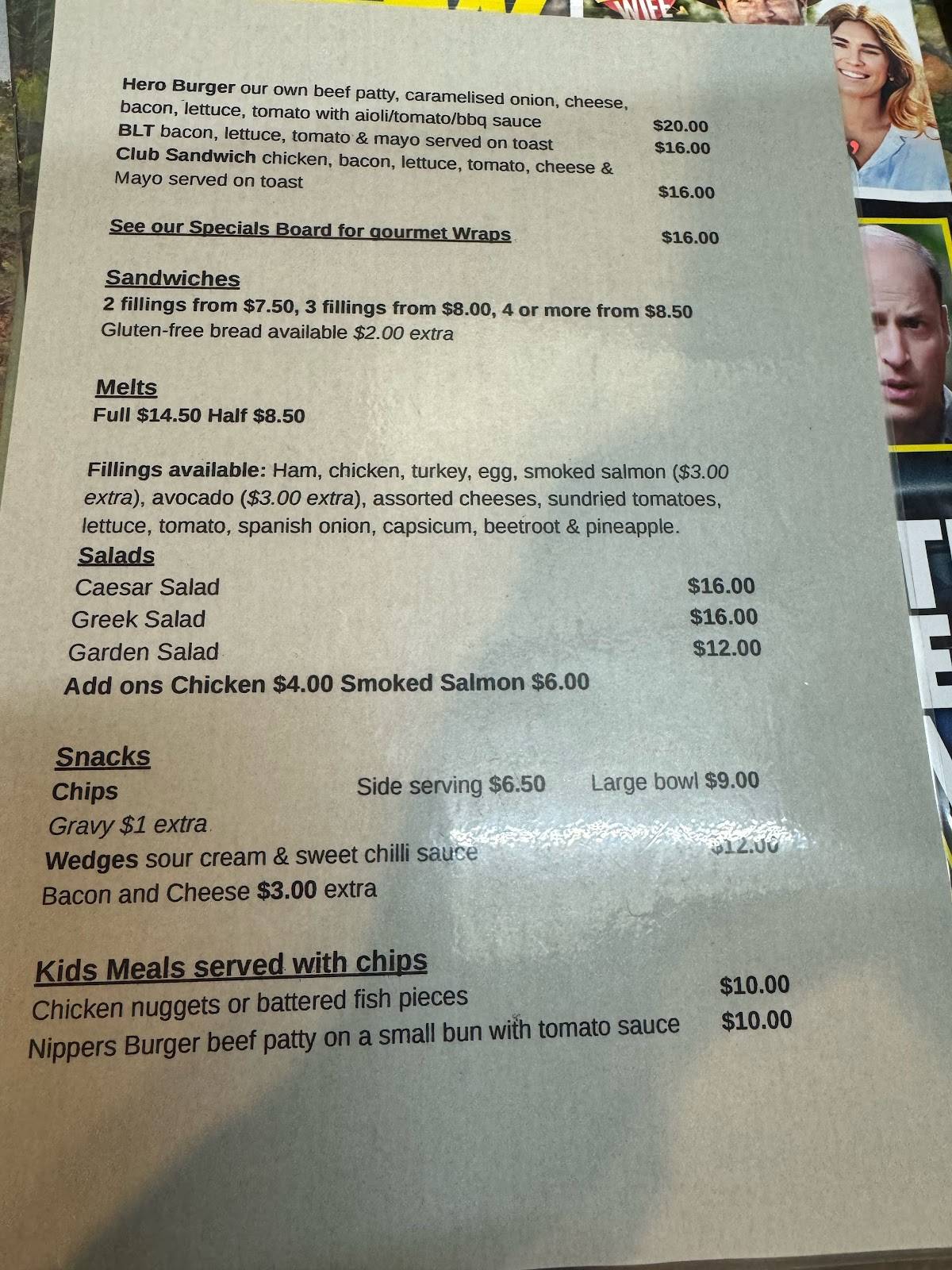 Menu at The Quirindi Coffee Pot cafe, Quirindi