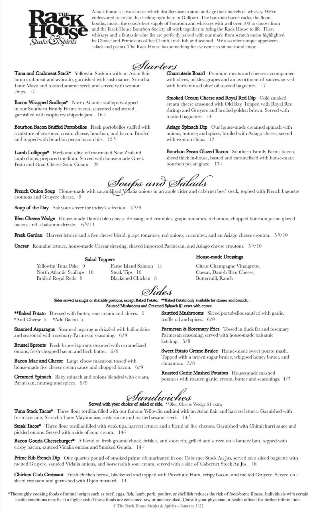Menu at The Rack House Steak & Spirits steakhouse, Gulfport