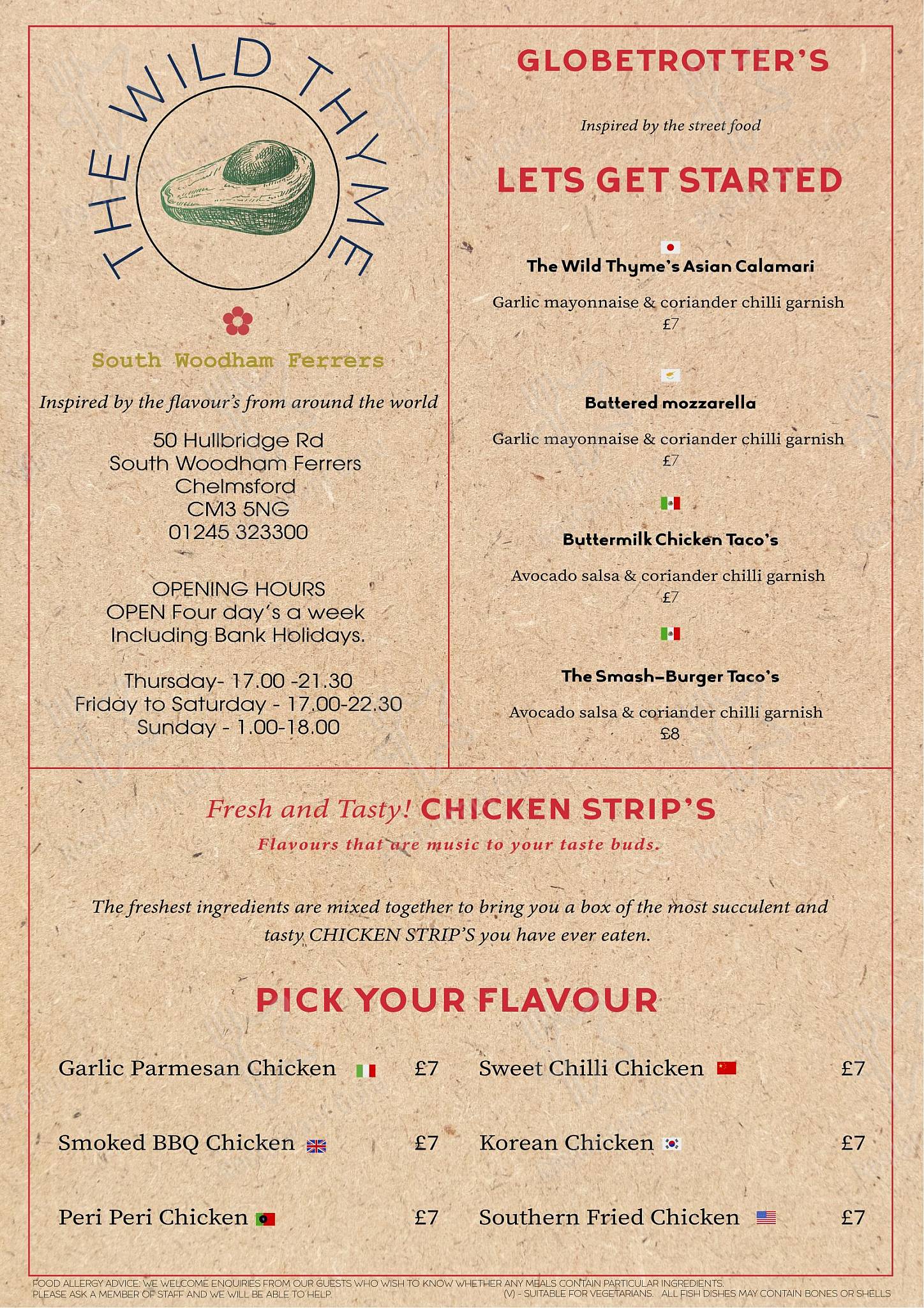 Menu at The Wild Thyme fast food, South Woodham Ferrers, 50 Hullbridge Road