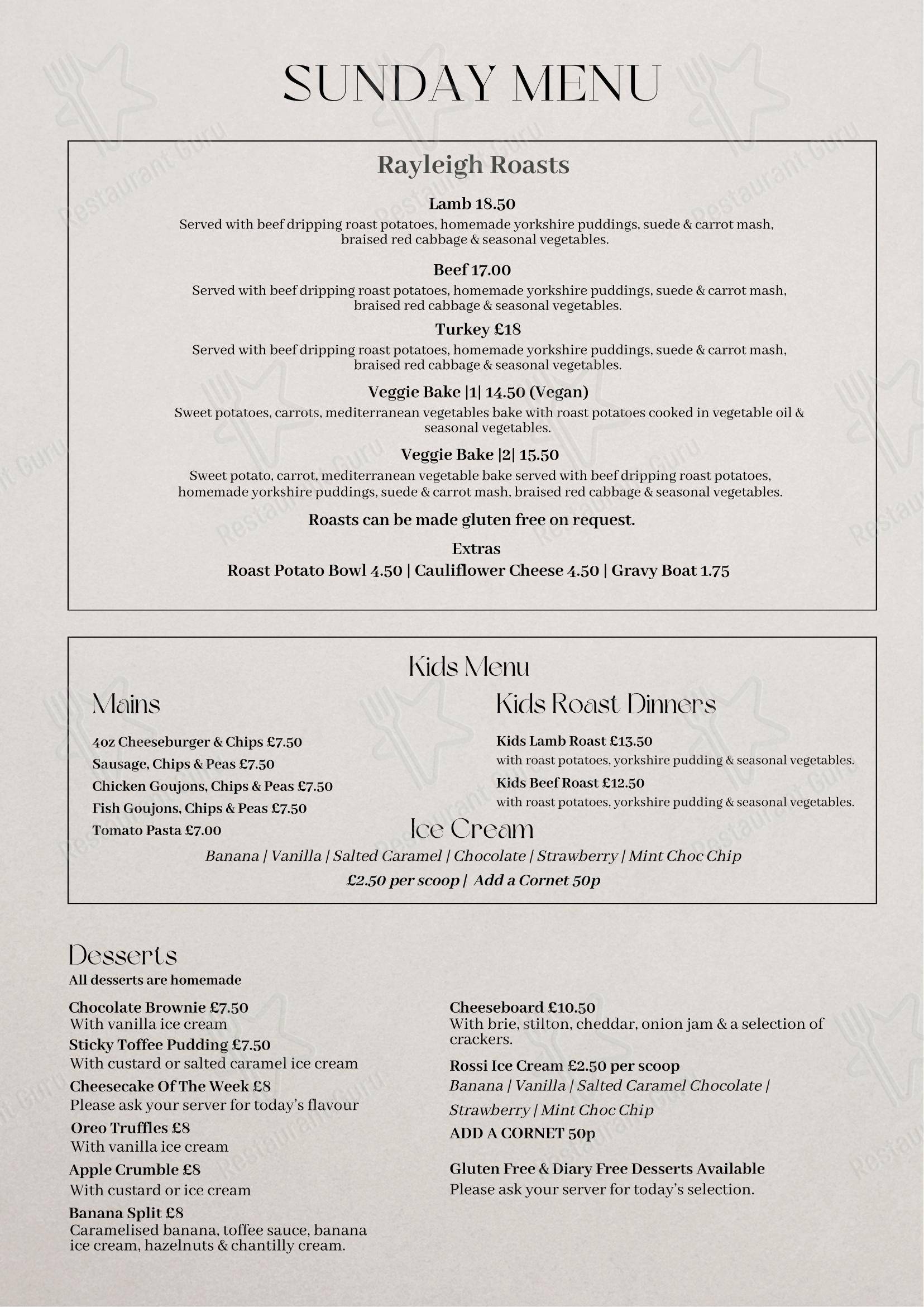 Menu at The Rayleigh Arms pub & bar, Hatfield Peverel