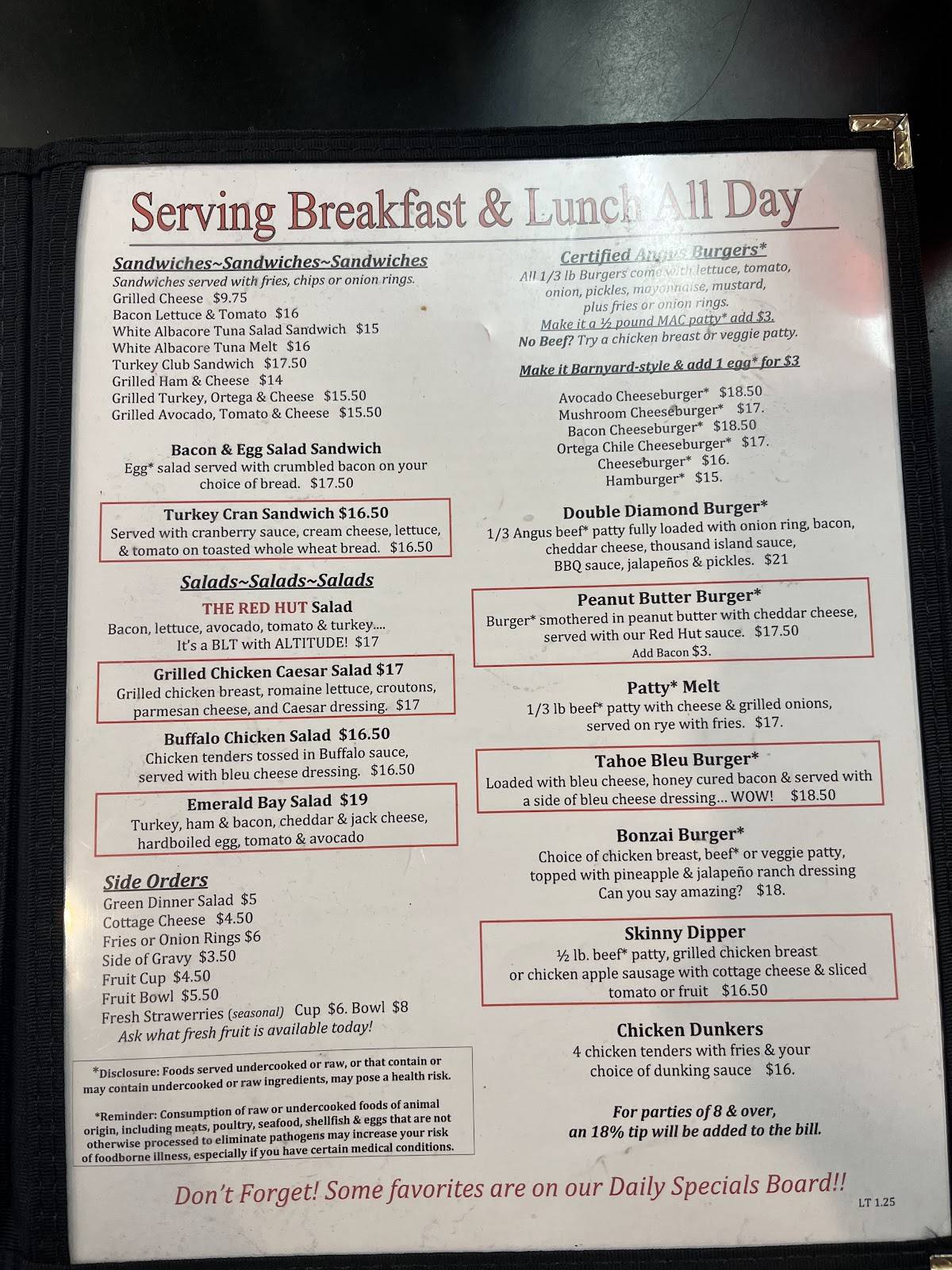 Menu at The Red Hut Café restaurant, Stateline
