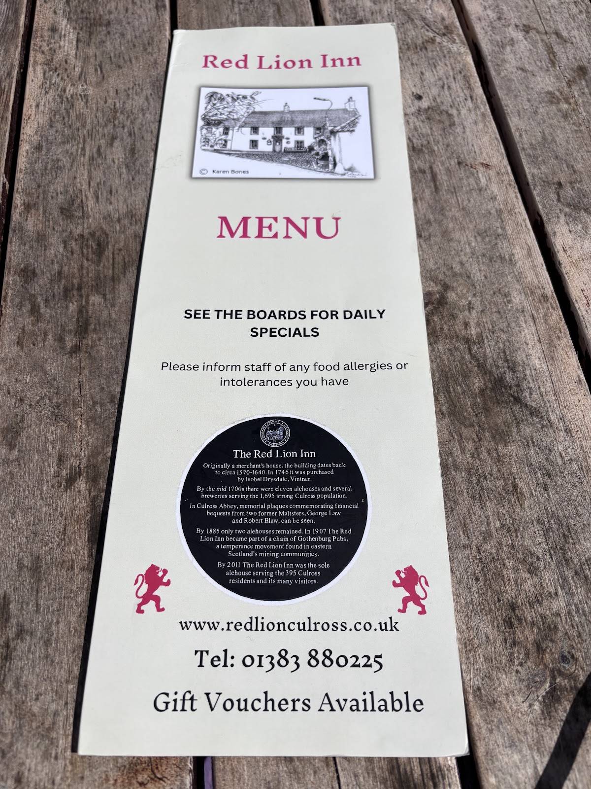 Menu at The Red Lion Inn pub & bar, Culross