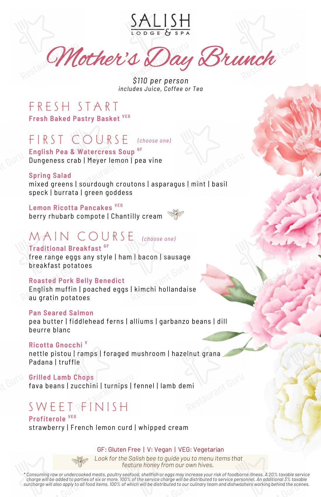 Menu at The Restaurant & Terrace Bar at Salish Lodge, Snoqualmie