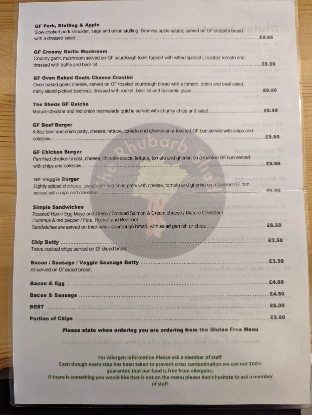 Menu at The Rhubarb Shed Cafe, Sheffield