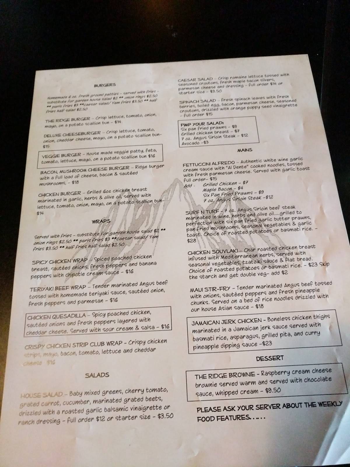 Menu at The Ridge Pub Grill and Offsales, Whitehorse