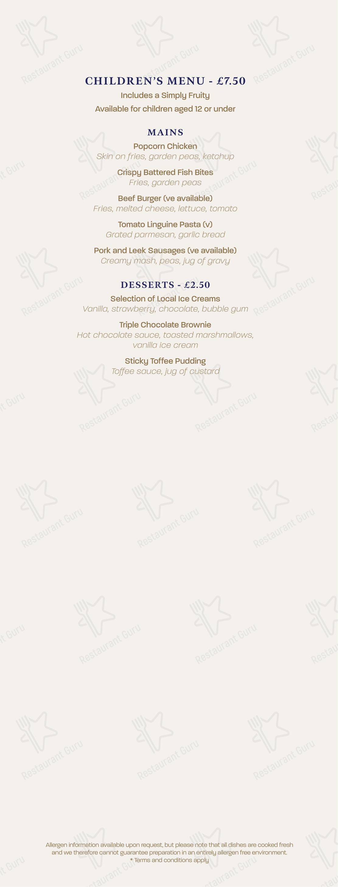 Menu at The Ridley Arms restaurant, Stannington