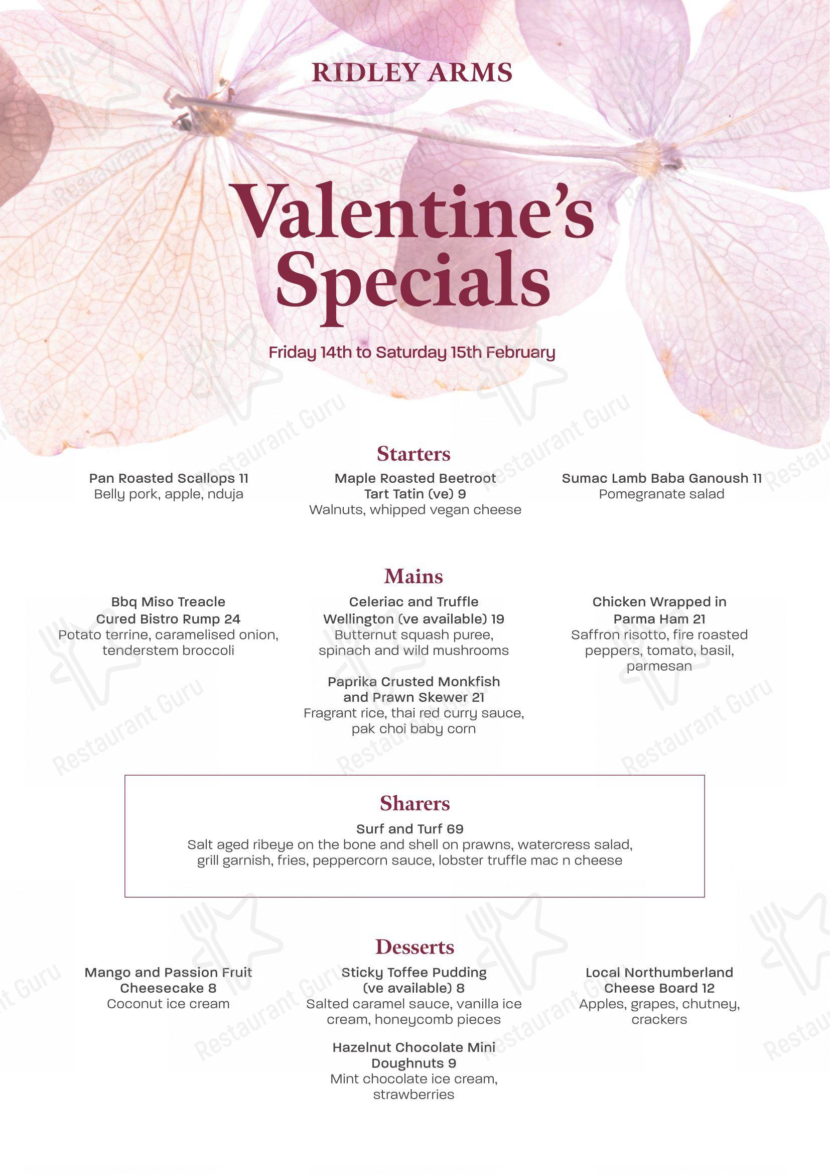 Menu at The Ridley Arms restaurant, Stannington