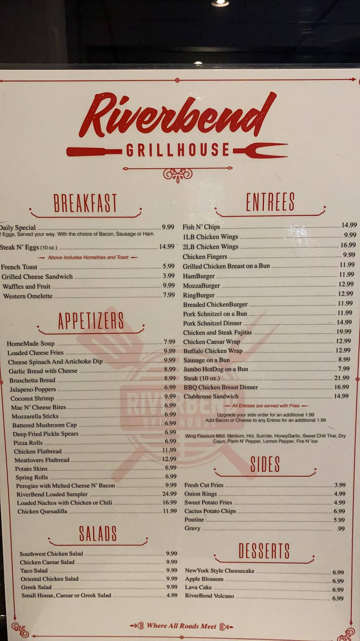 Menu at The Riverbend Grillhouse restaurant, Canada