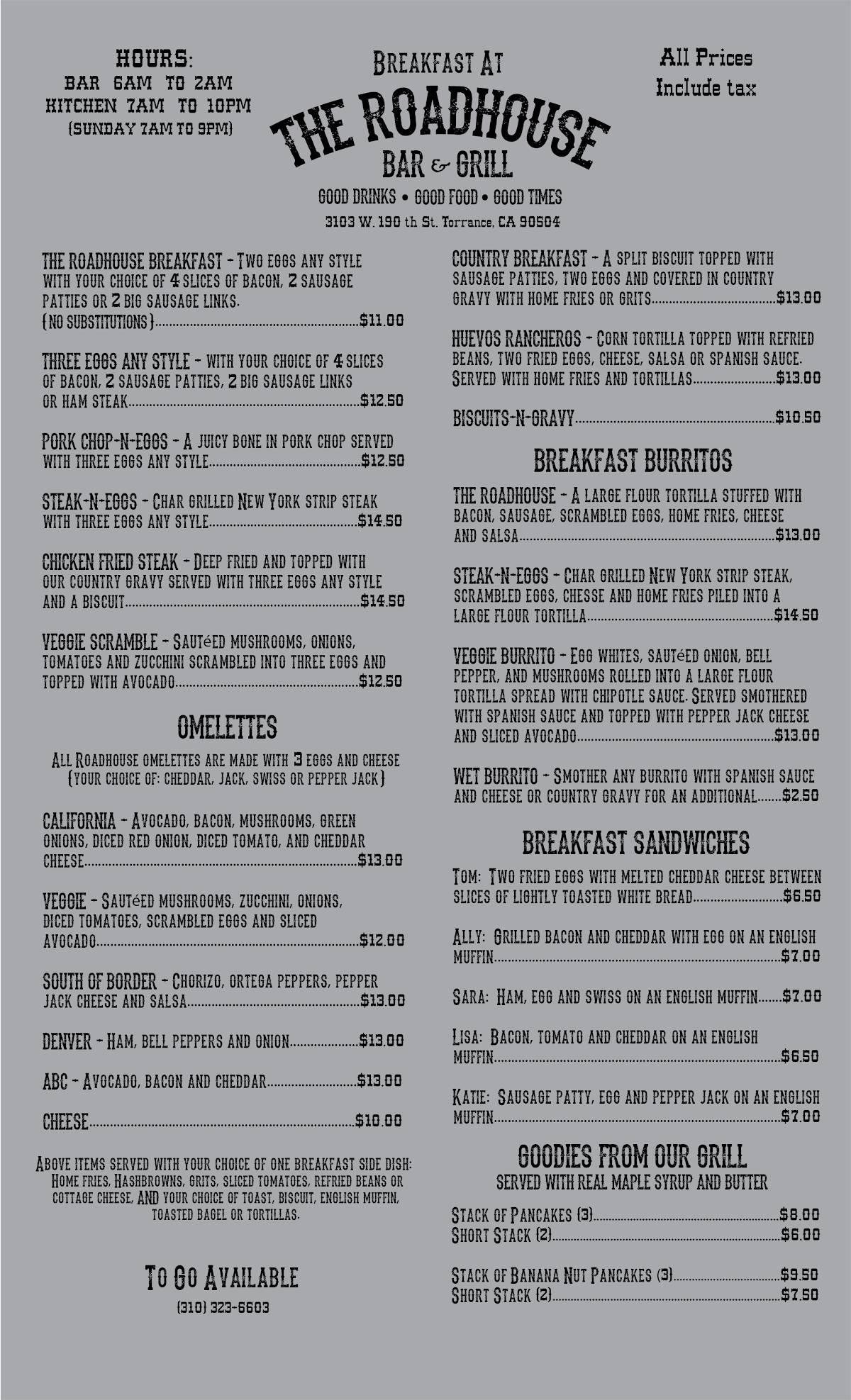 Menu at The Roadhouse Bar & Grill, Torrance