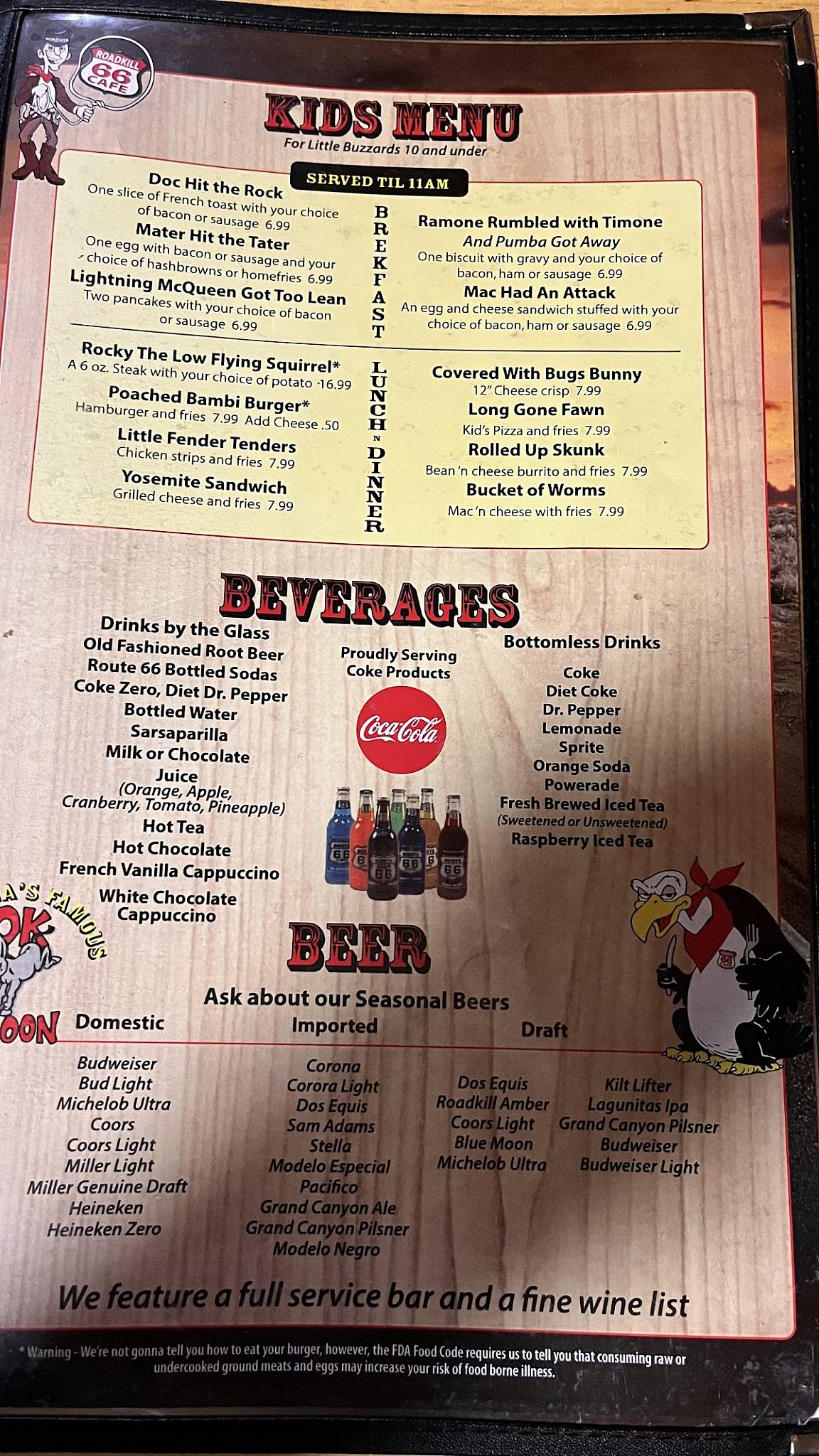 Menu at The Roadkill Cafe/O.K. Saloon, Seligman