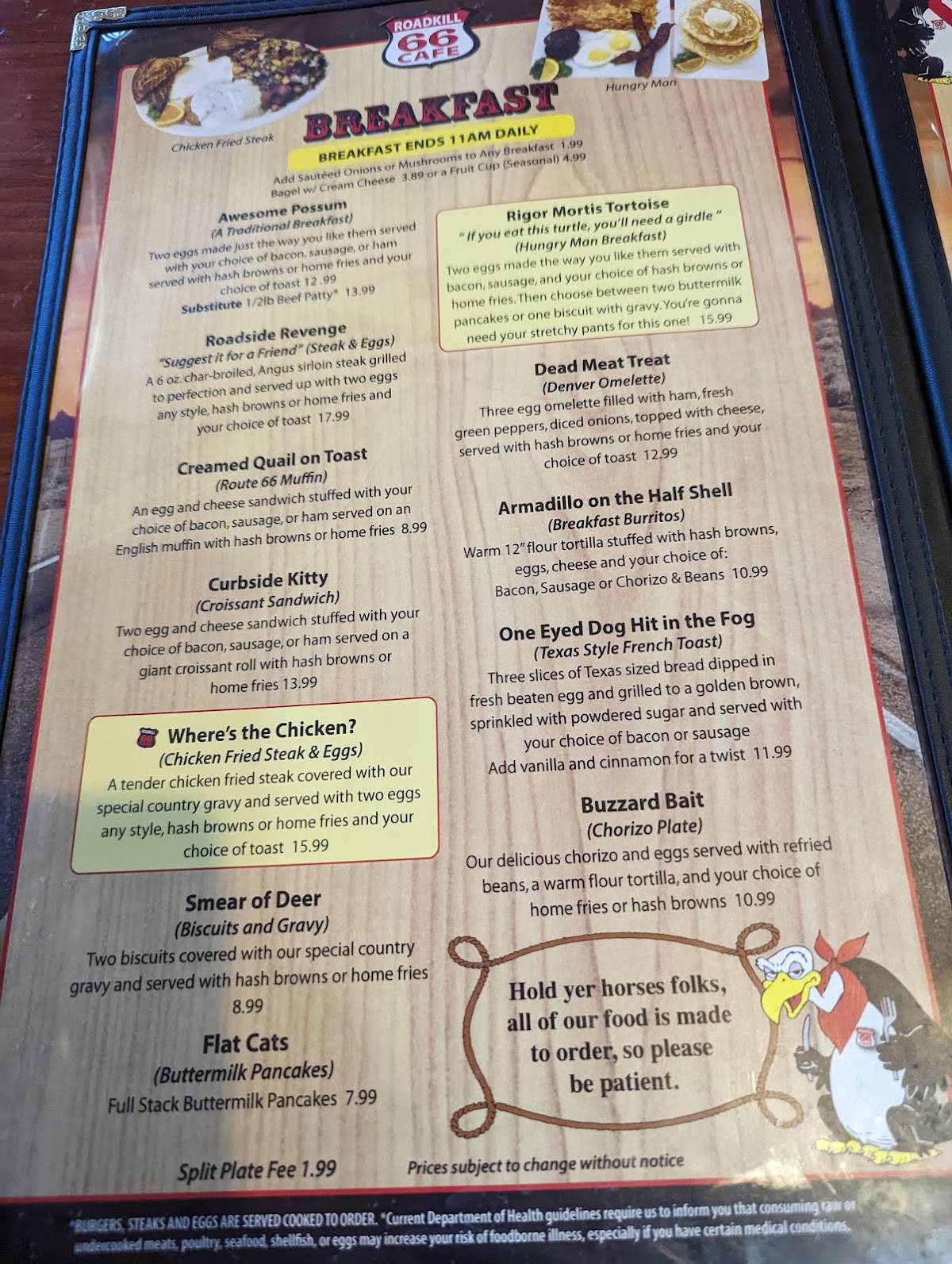 Menu at The Roadkill Cafe/O.K. Saloon, Seligman