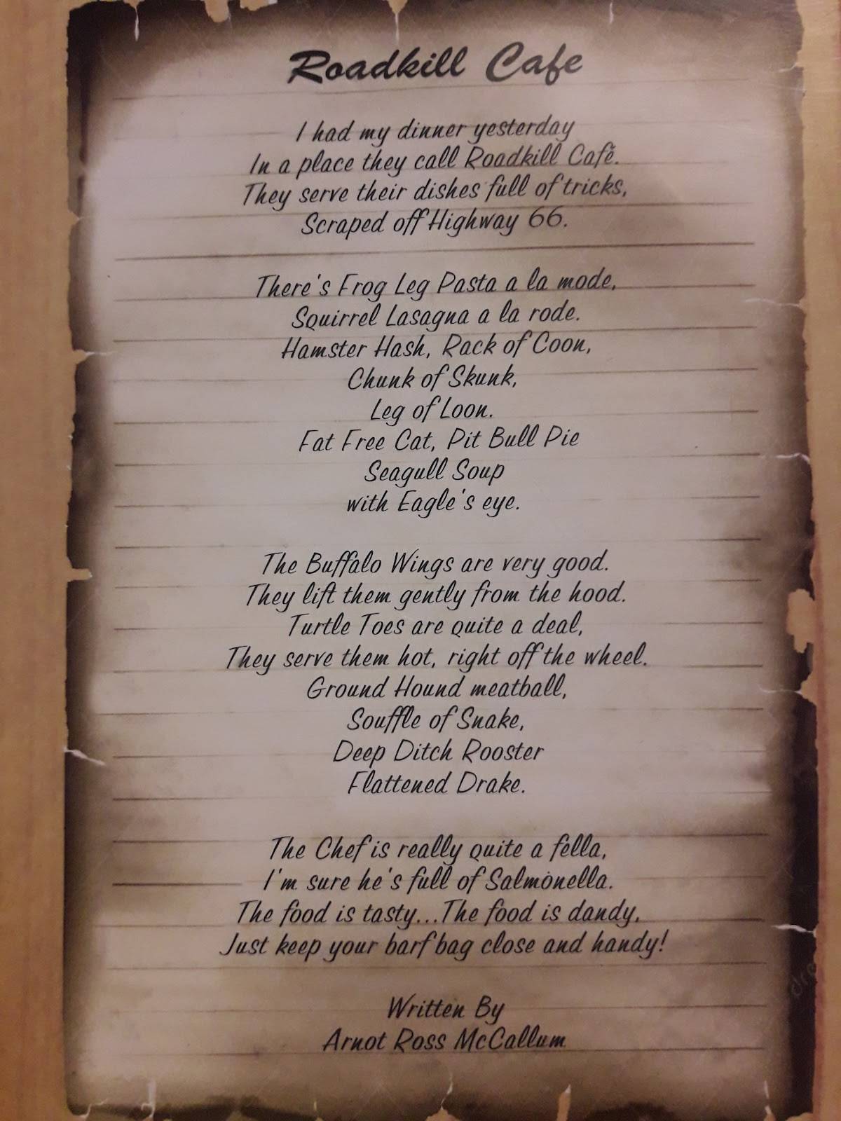 Menu at The Roadkill Cafe/O.K. Saloon, Seligman