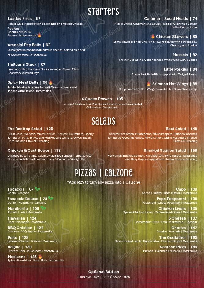 Menu at The Rooftop Grill and Bar, Roodepoort