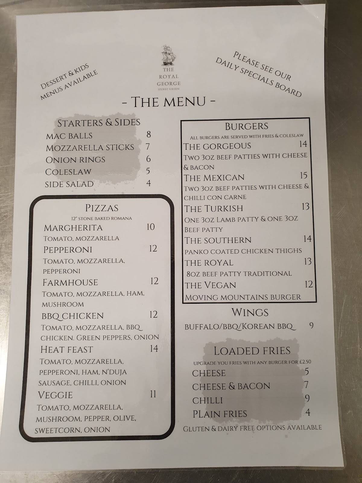 Menu at The Royal George pub & bar, Etchingham