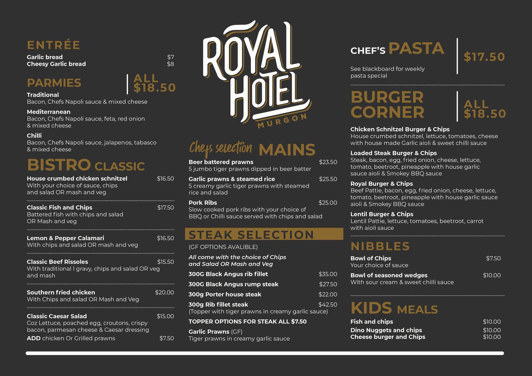 Menu at The Royal Hotel Murgon pub & bar, Murgon