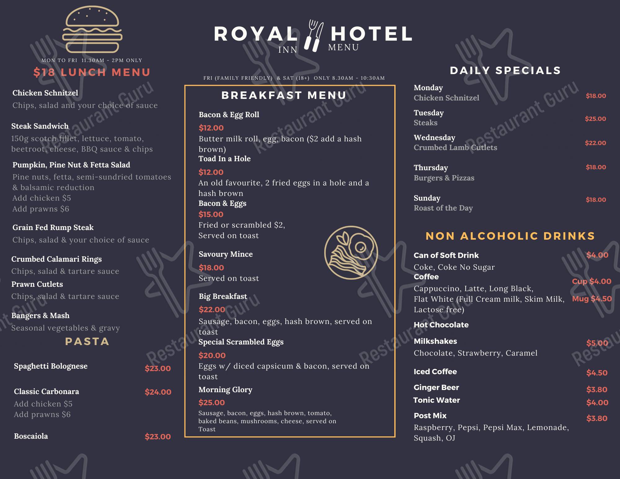 Menu at The Royal Hotel pub & bar, Waratah