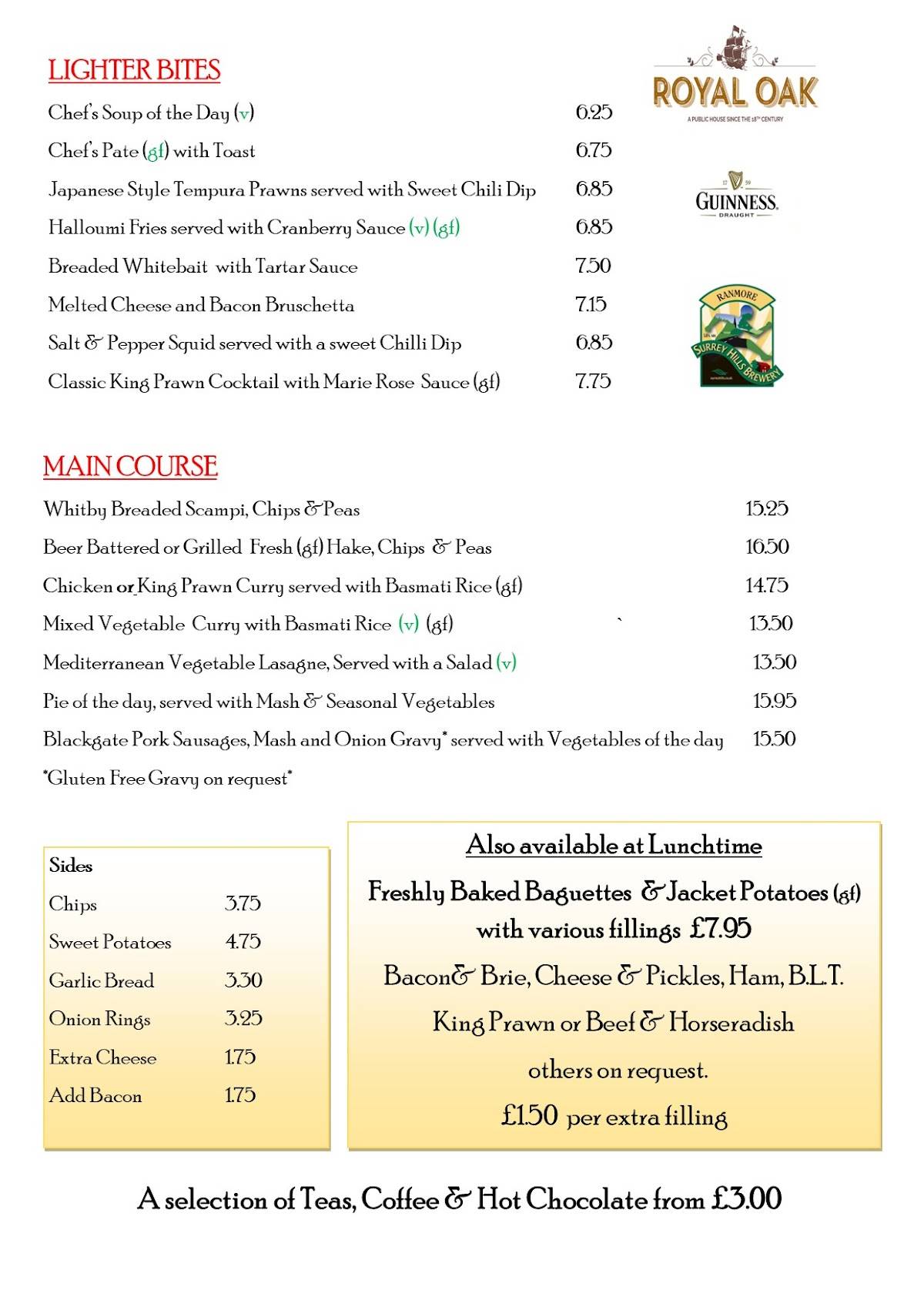 Menu at The Royal Oak pub & bar, Dorking, Royal Oak Chart Lane South ...