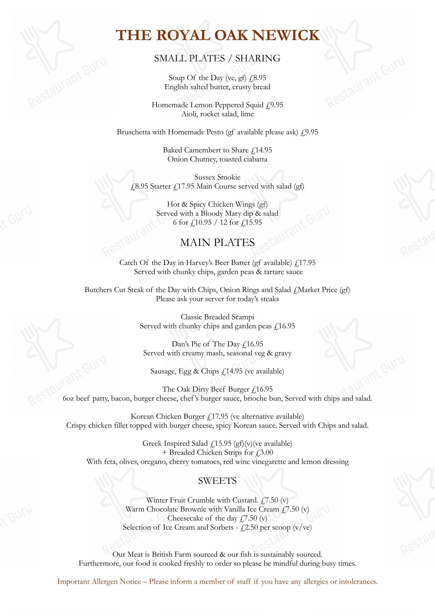 Menu at The Royal Oak pub & bar, Newick