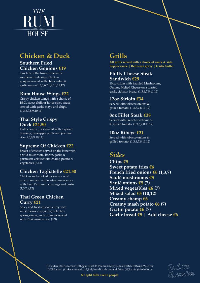 Menu at The Rum House pub & bar, Dundalk