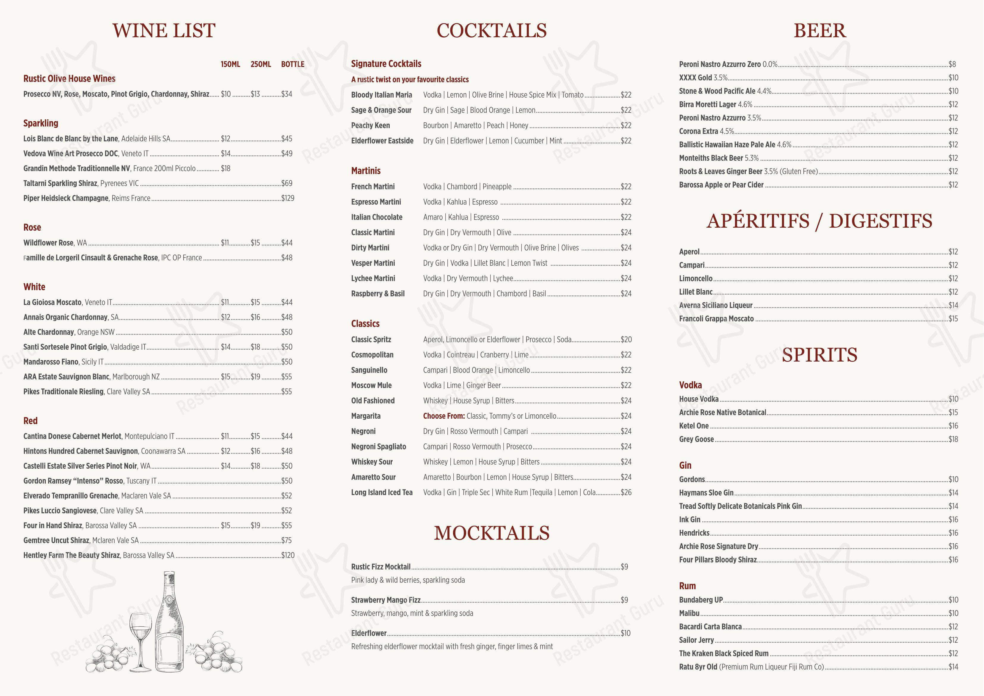 Menu at The Rustic Olive restaurant, Redcliffe