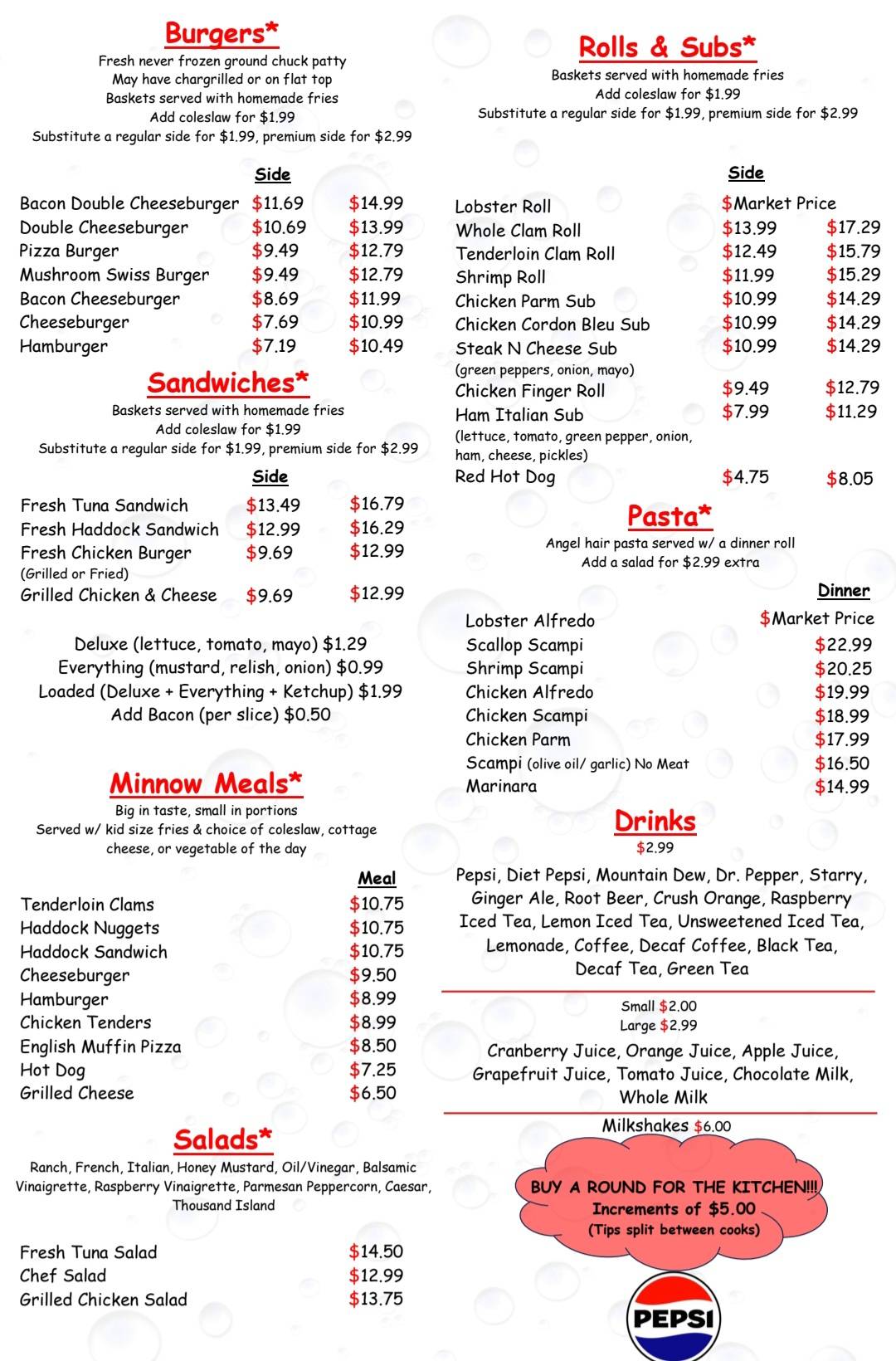 Menu at The Rusty Crab restaurant, Mars Hill