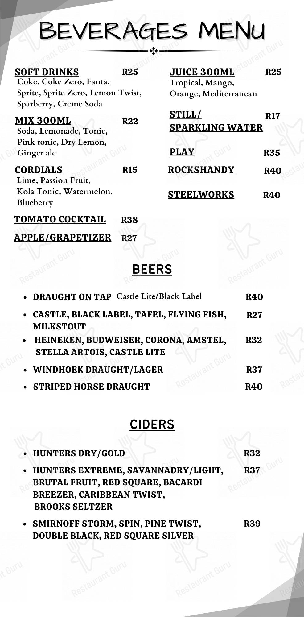 Menu at The Sandstone - Saldanha Bay restaurant, Saldanha