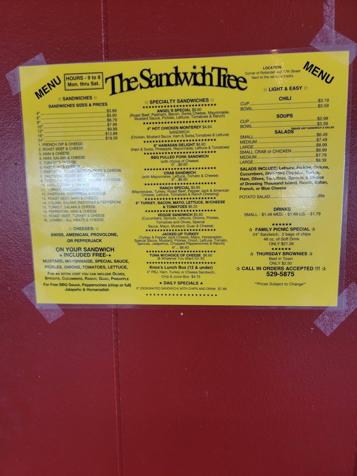 Menu at The Sandwich Tree restaurant, Idaho Falls