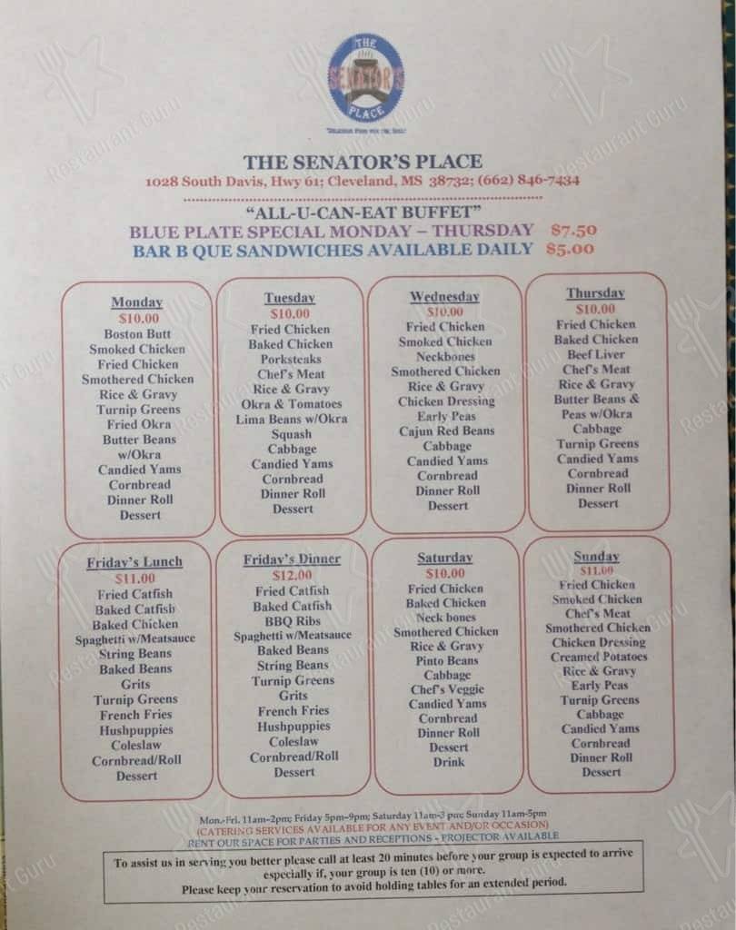 Menu at The Senator's Place restaurant, Cleveland