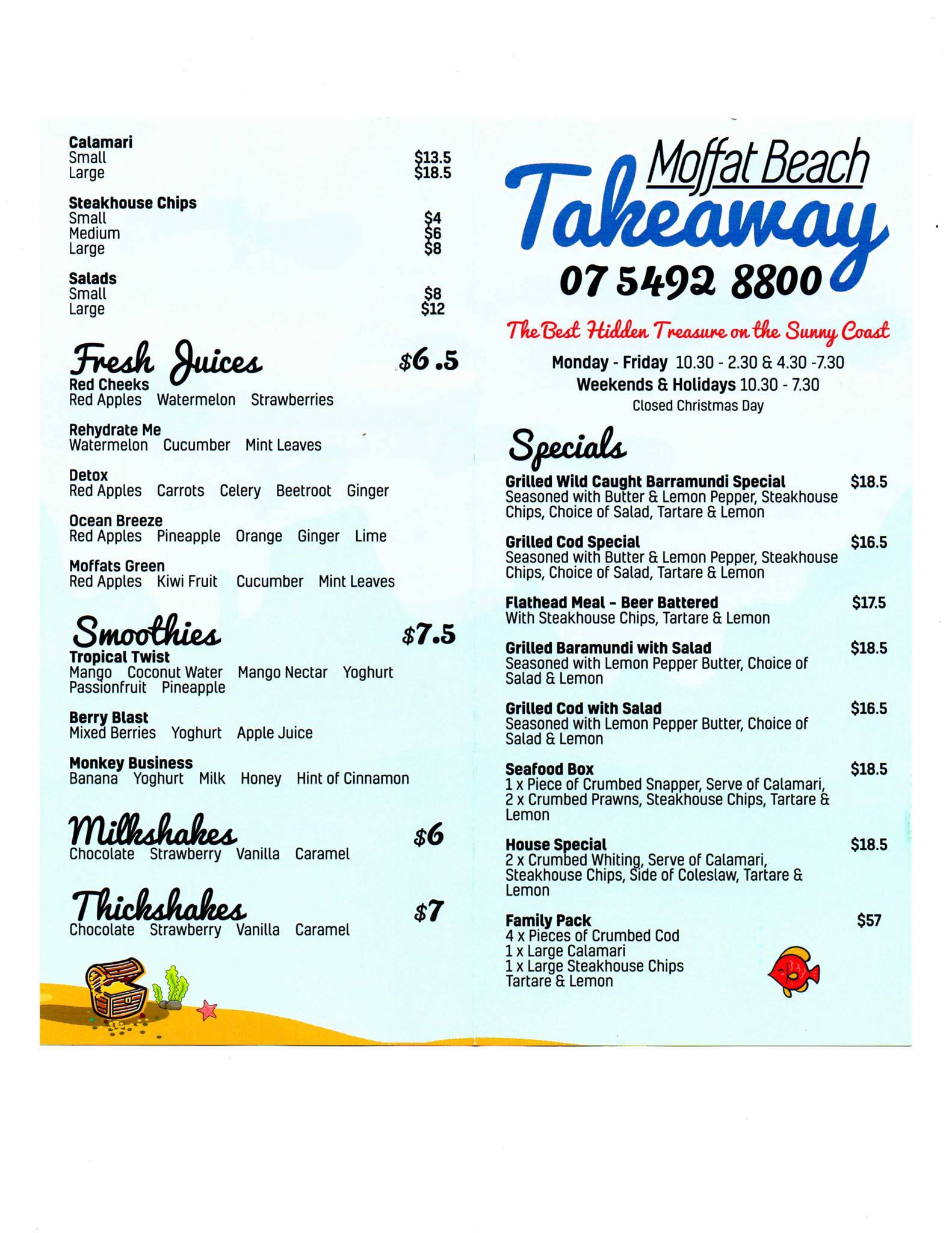 Menu at Moffats Beachside Takeaway restaurant, Moffat Beach