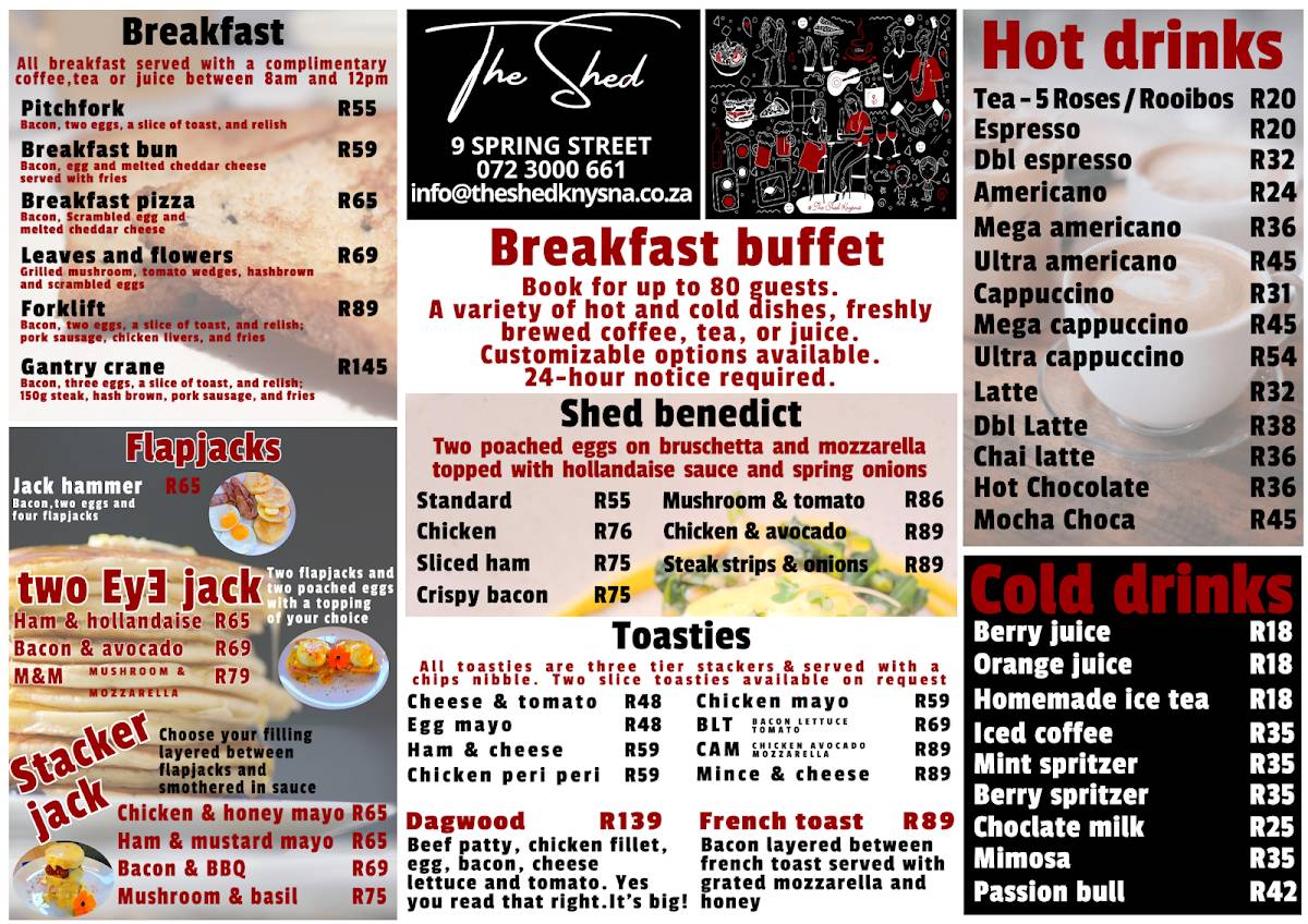 Menu at The Shed Knysna restaurant, Knysna