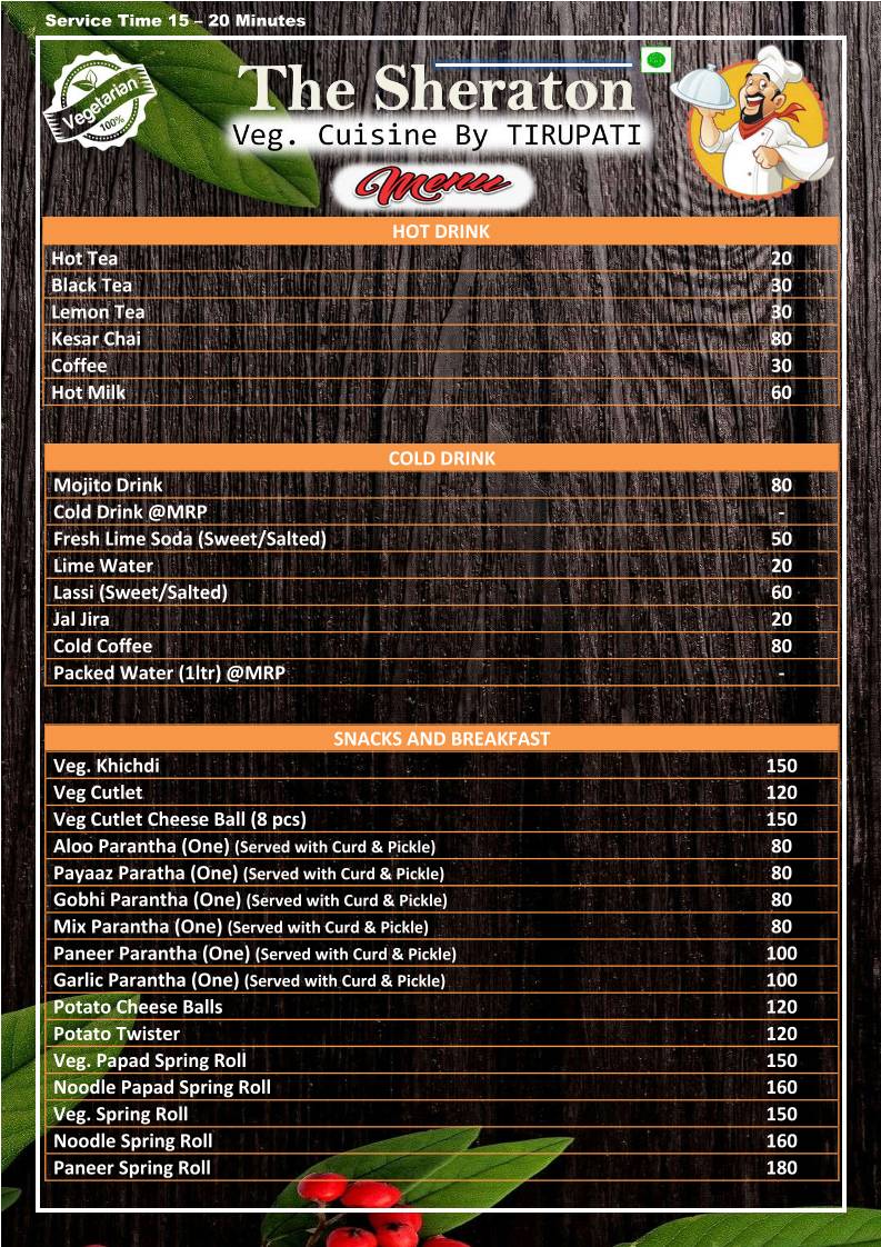 Menu at The Sheraton Veg Cuisine By TIRUPATI, Makrana