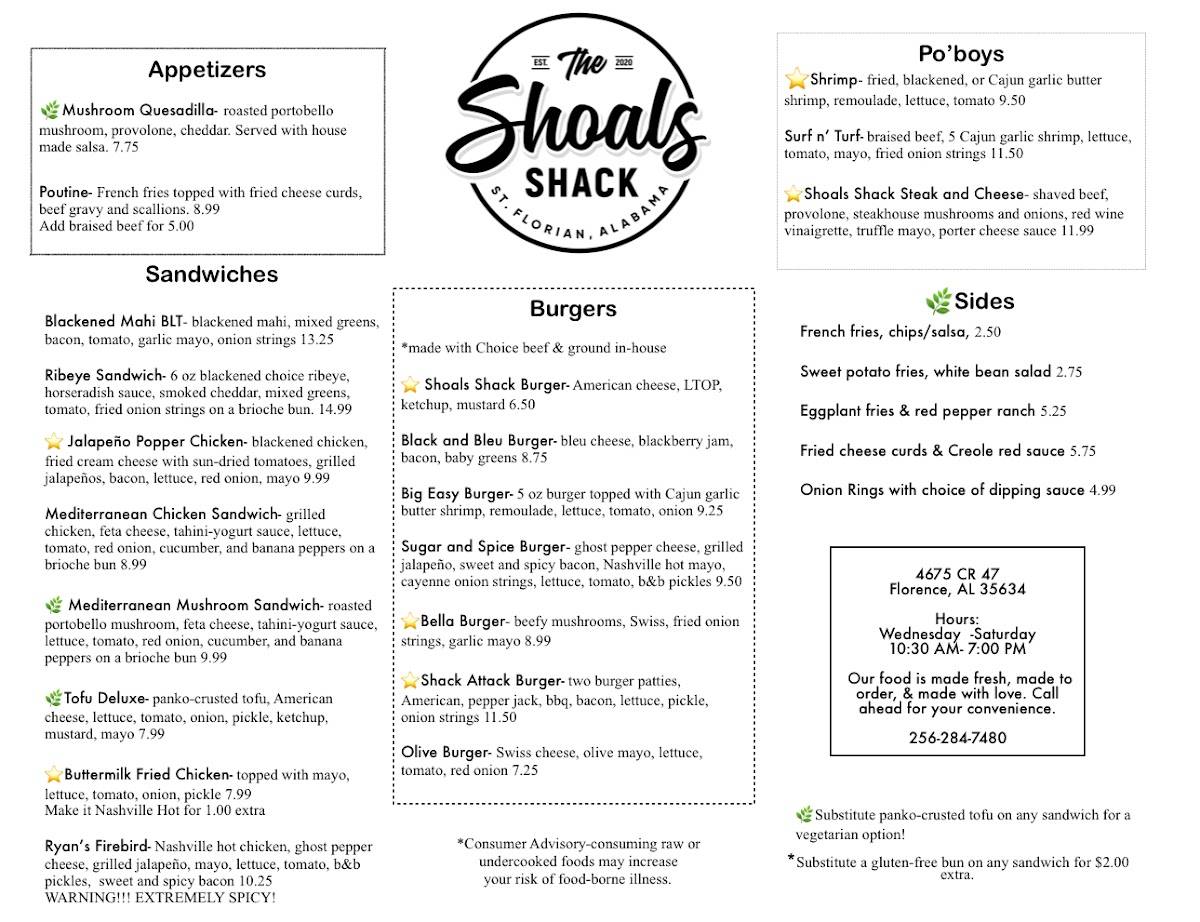 Menu at The Shoals Shack restaurant, Florence