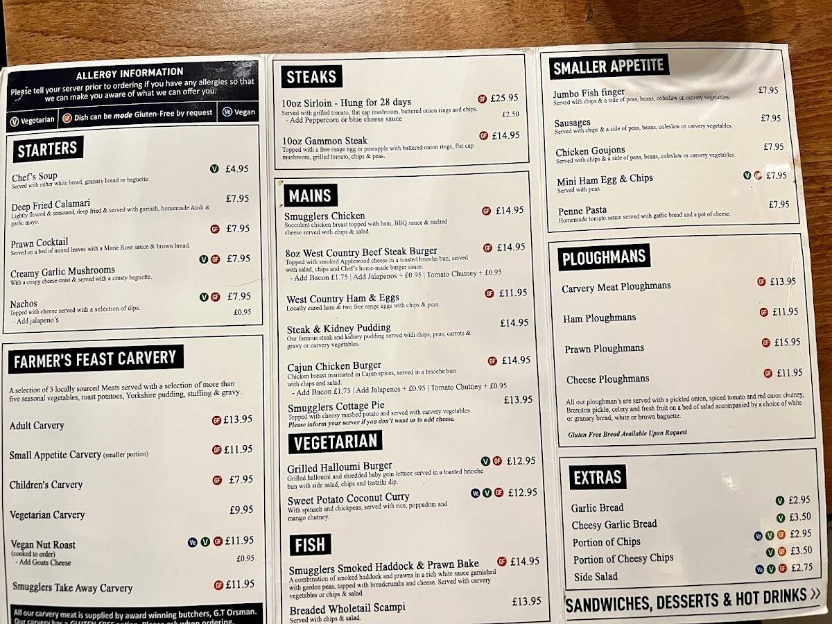 Menu at The Smugglers Inn pub & bar, Dawlish