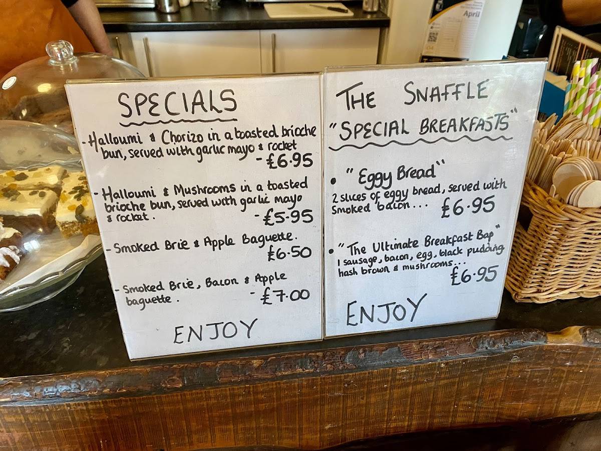 Menu at The Snaffle cafe, Reading