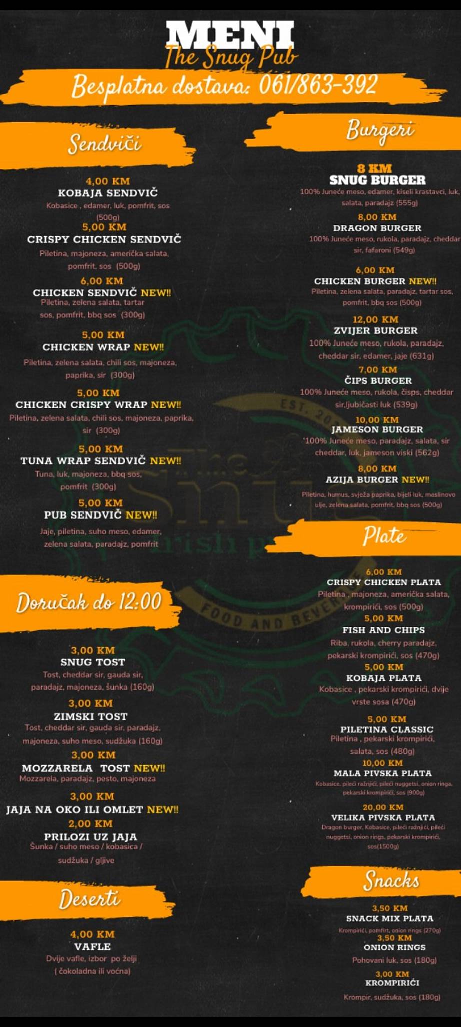 Carta de The Snug Pub, Hadžići